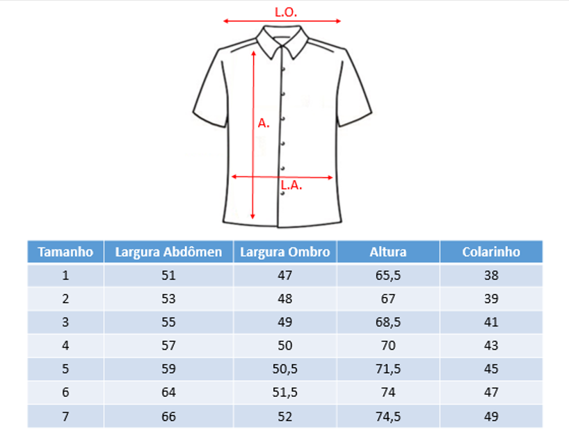 Charleville Camisaria - Tabelas de Tamanhos