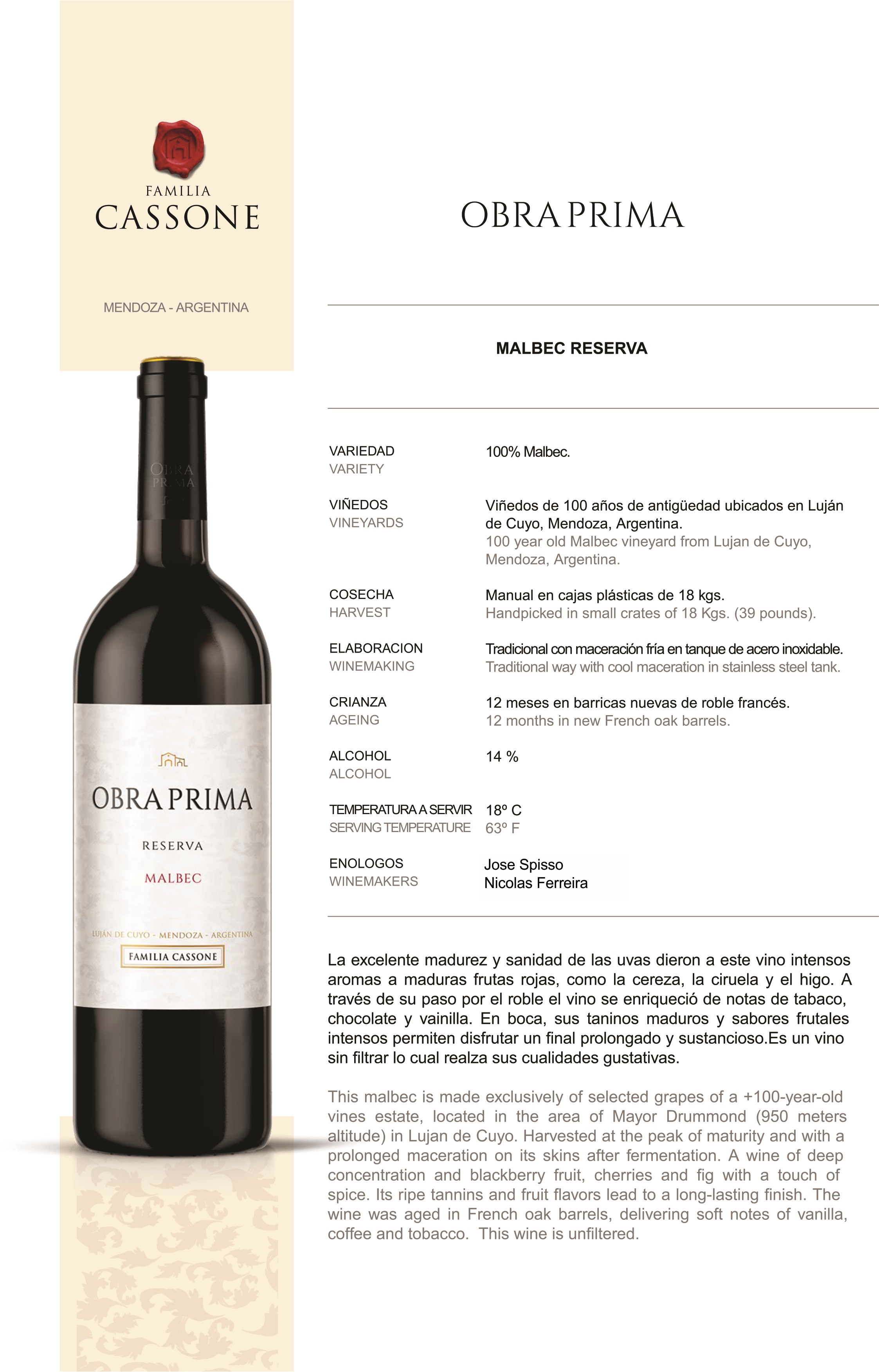Obra Prima Malbec Reserva