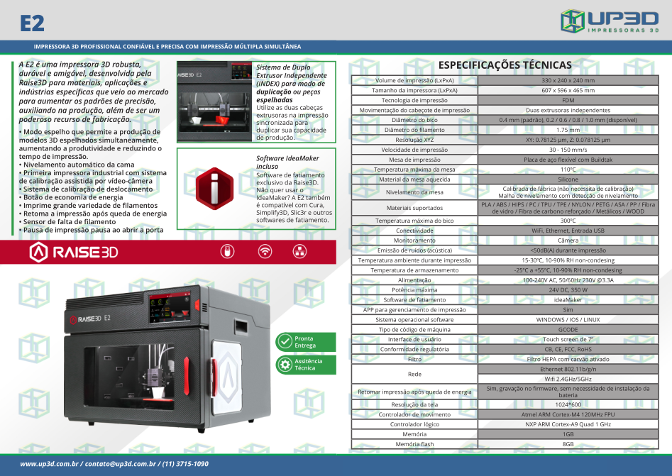 Raise 3D E2 - Impressora 3D Profissional - UP3D