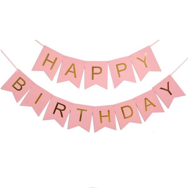 Banderines Rosados Happy Birthday Letra Dorada