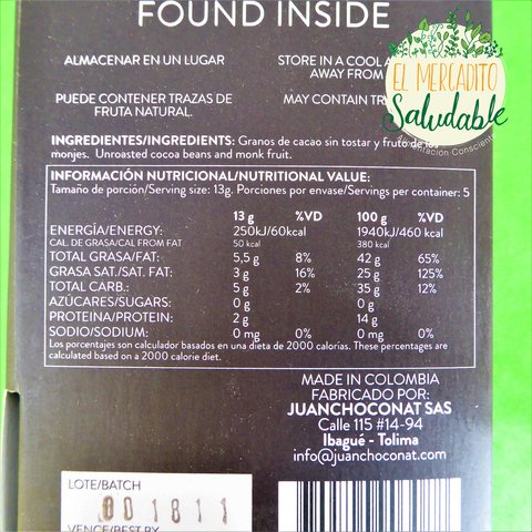 Chocolate Juan choconat endulzado con MONK FRUIT