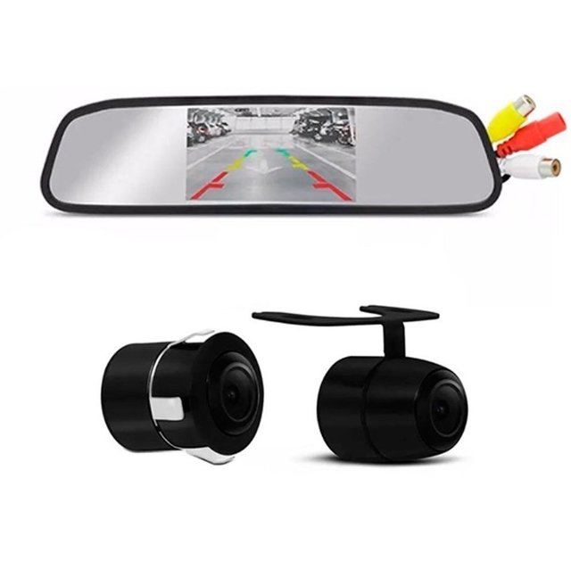 KIT RETROVISOR INTERNO TELA LCD 4.3 POLEGADAS UNIVERSAL 12V PRETO ESTACIONAMENTO + CÂMERA DE RÉ ...